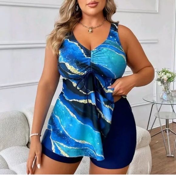 Swim | Nwot Artistic Blue Black Gold Shimmer Tankini Swimwear | Poshmark